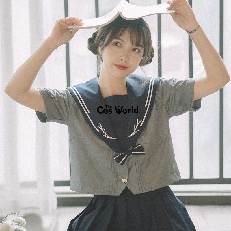 [Willow Leaf] Gray Navy Blue Summer Navy Sailor Su... – Grandado
