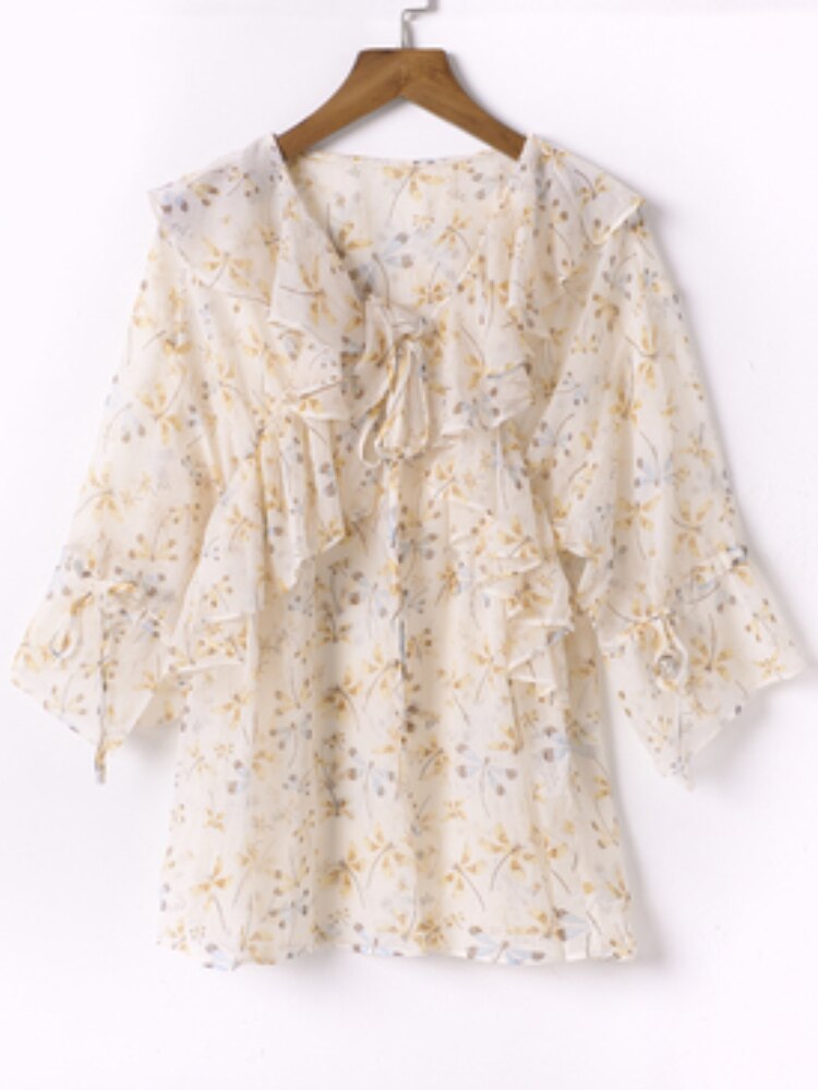 Korean ruffless office clothes print boho Shirt Wo... – Vicedeal