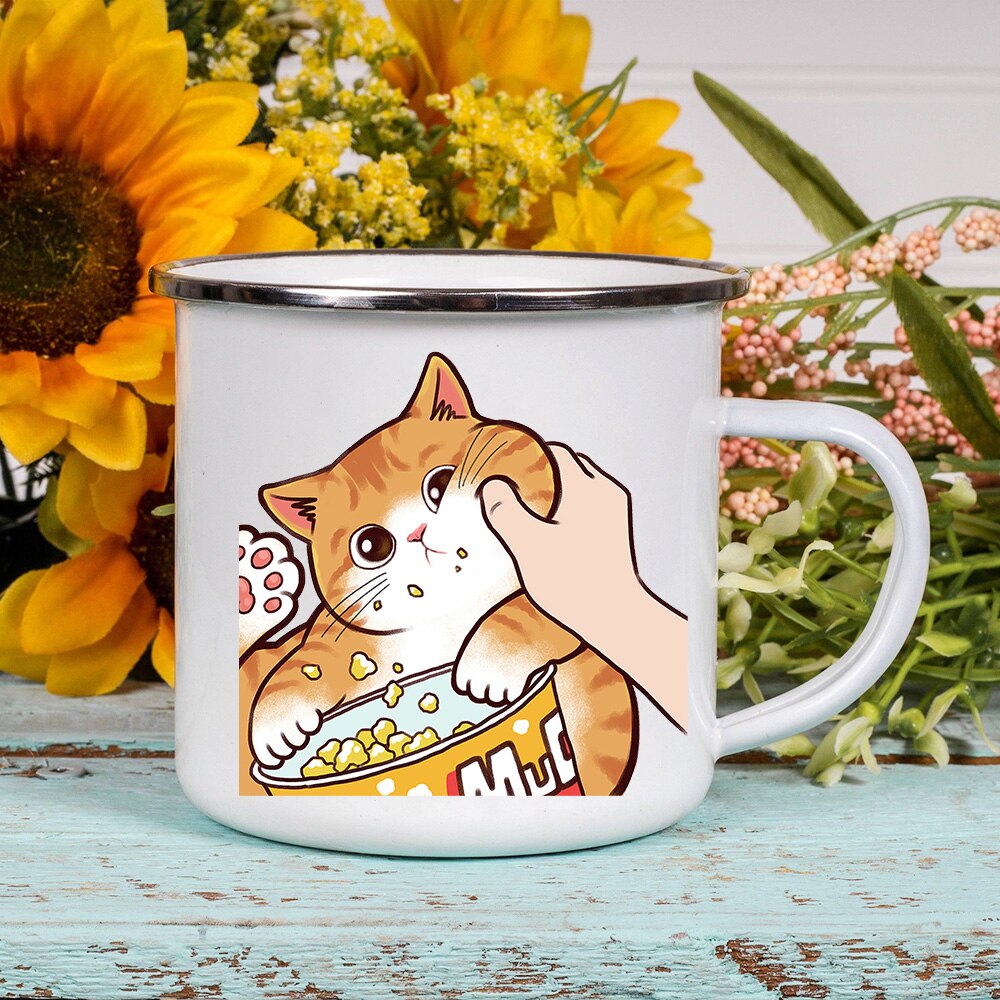 Cartoon Cat Print Enamel Coffee Tea Mugs Cute Anim... – Grandado
