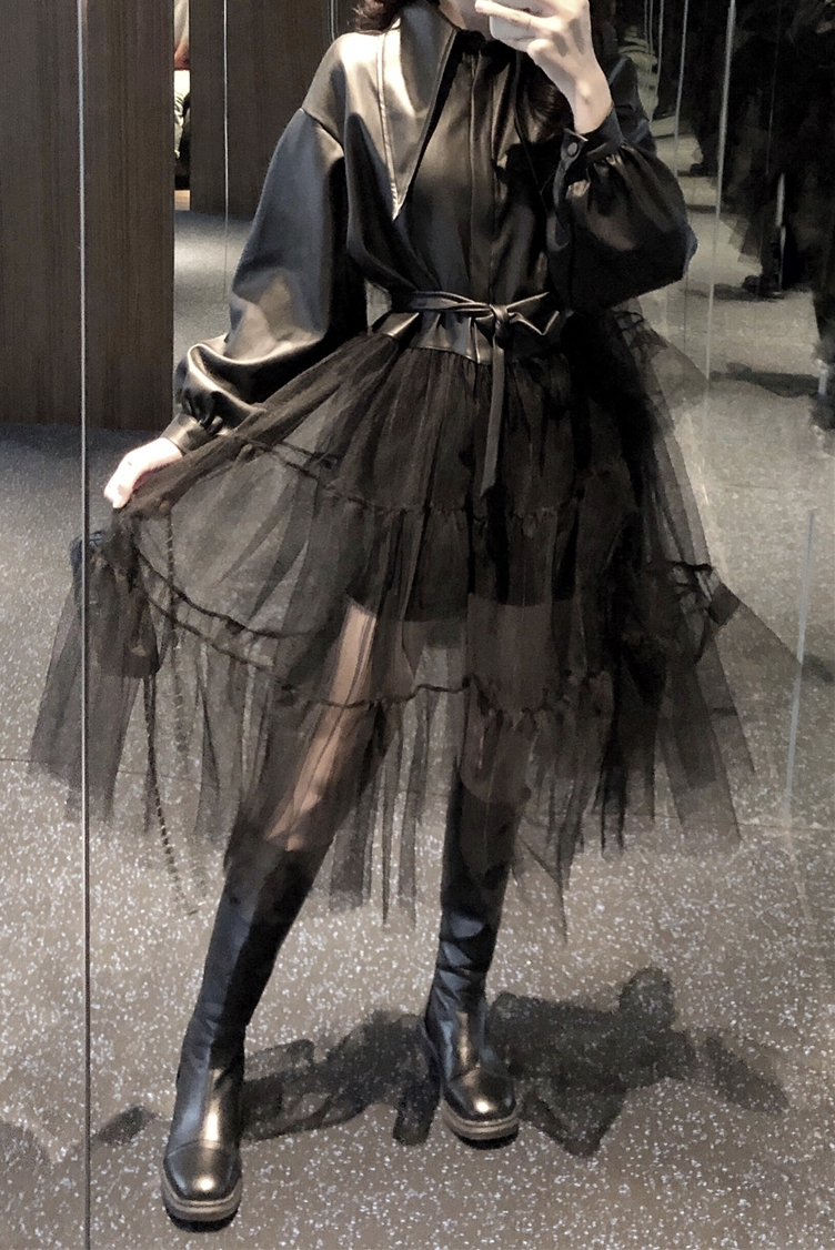 Pu Leather Jacket Women Split Joint Gauze Skirt Go... – Grandado