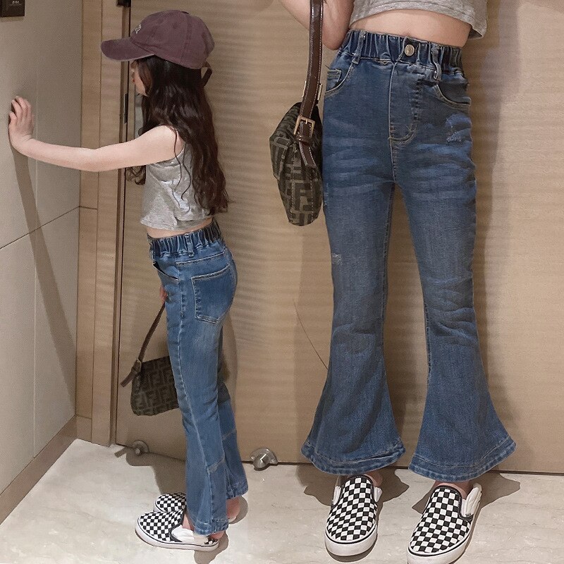 Girls Flared Blue Jeans Elastic Waist Casual Jeans... – Grandado