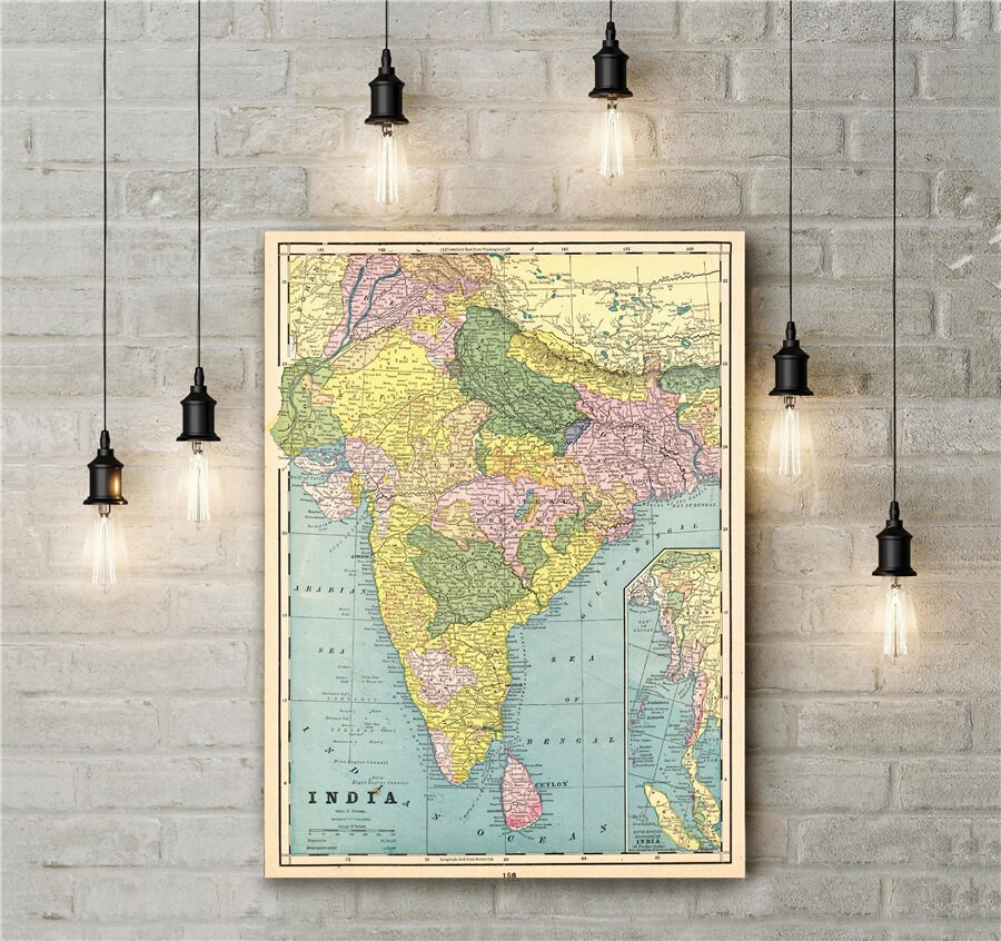 1892 Antieke India Kaart Vintage Originele Kaart V... – Grandado