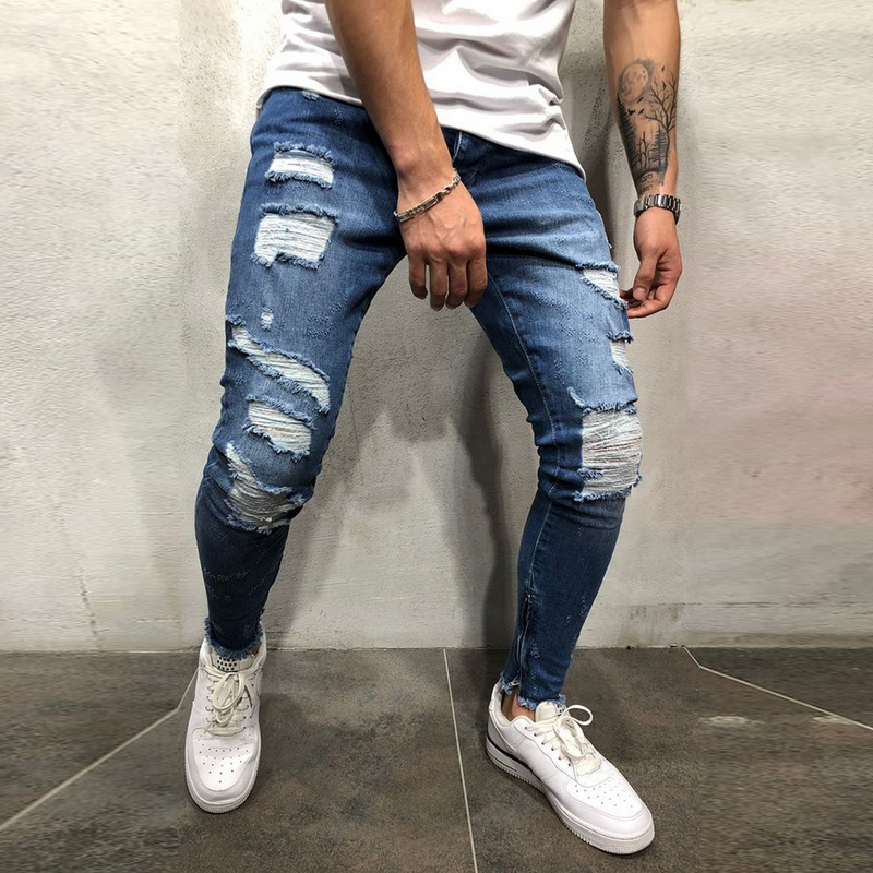 Ripped Jeans Hombre Effen Gestreepte Streetwear Me... – Vicedeal