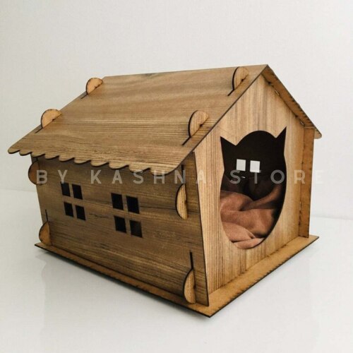 Houten Decoratieve Kat Huis-Met Kussen – Vicedeal