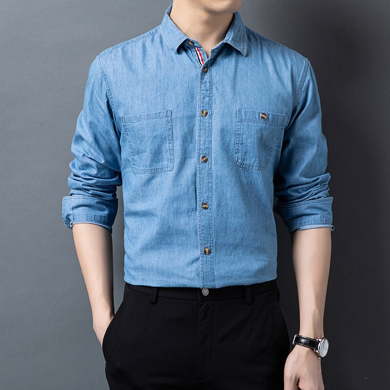Denim Blue Shirt Men Clothing – Grandado