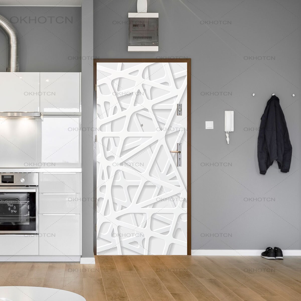 White Geometric PVC 3D Door Sticker Modern Bedroom... – Vicedeal