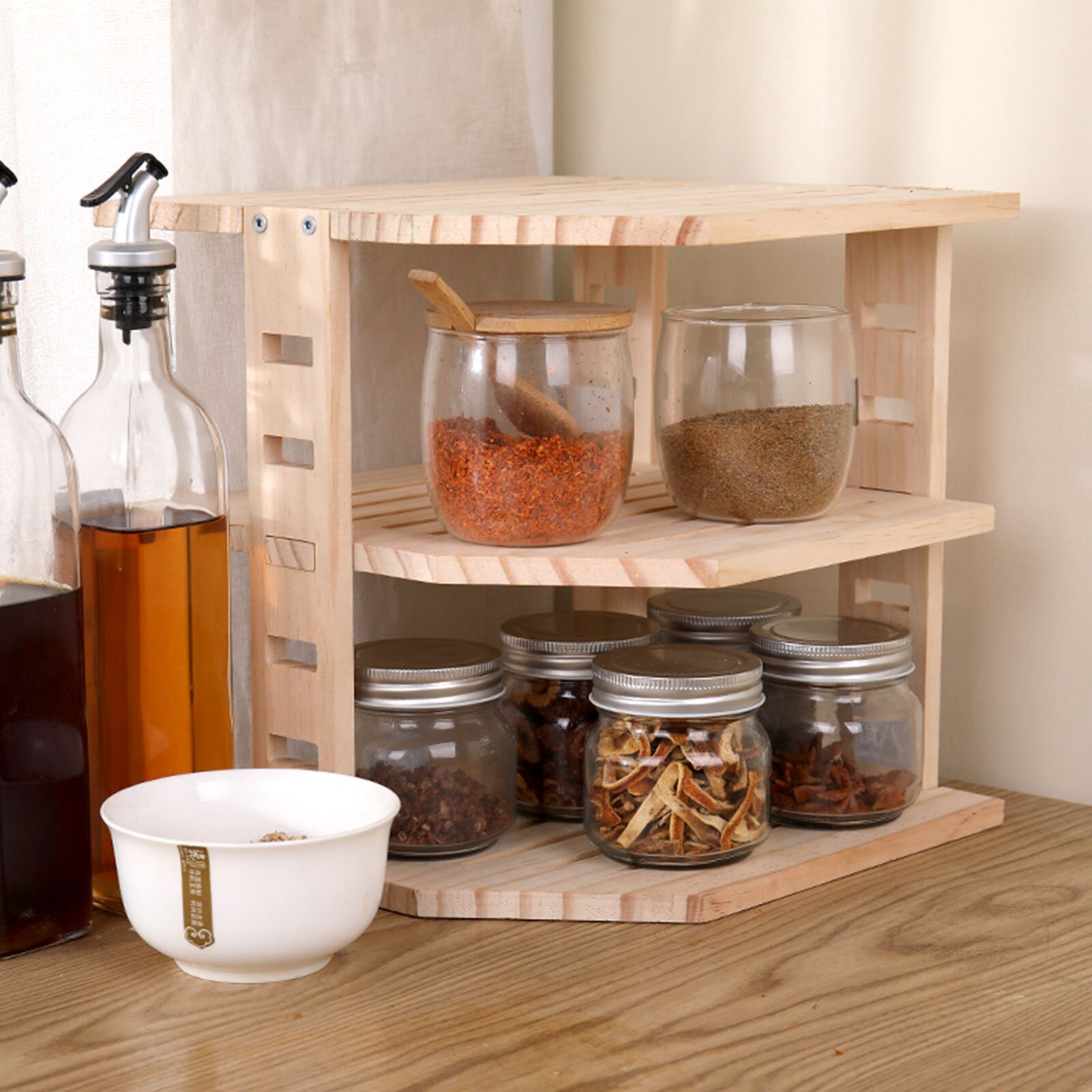 Bamboo Corner Shelf Storage Organizer / 3 Tier Kit... – Grandado