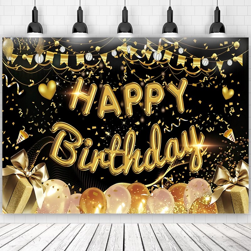 Happy Birthday Backdrop Banner Black Gold Balloon ... – Vicedeal