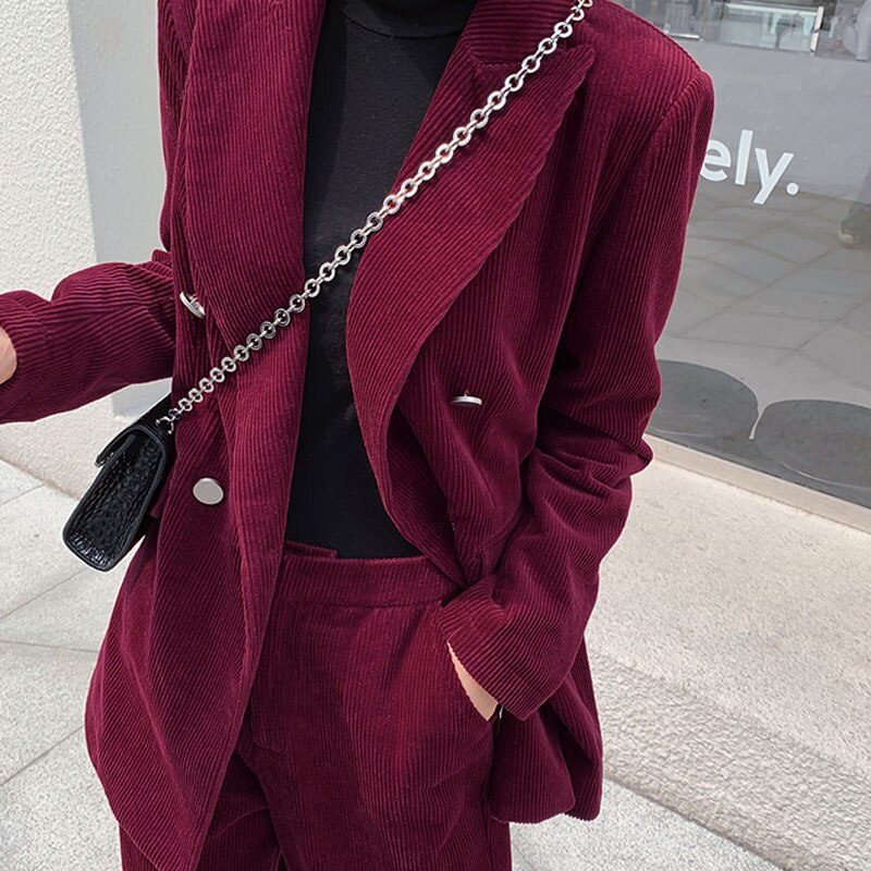 Casual Corduroy 2 Piece Set Women Notched Long Bla... – Grandado