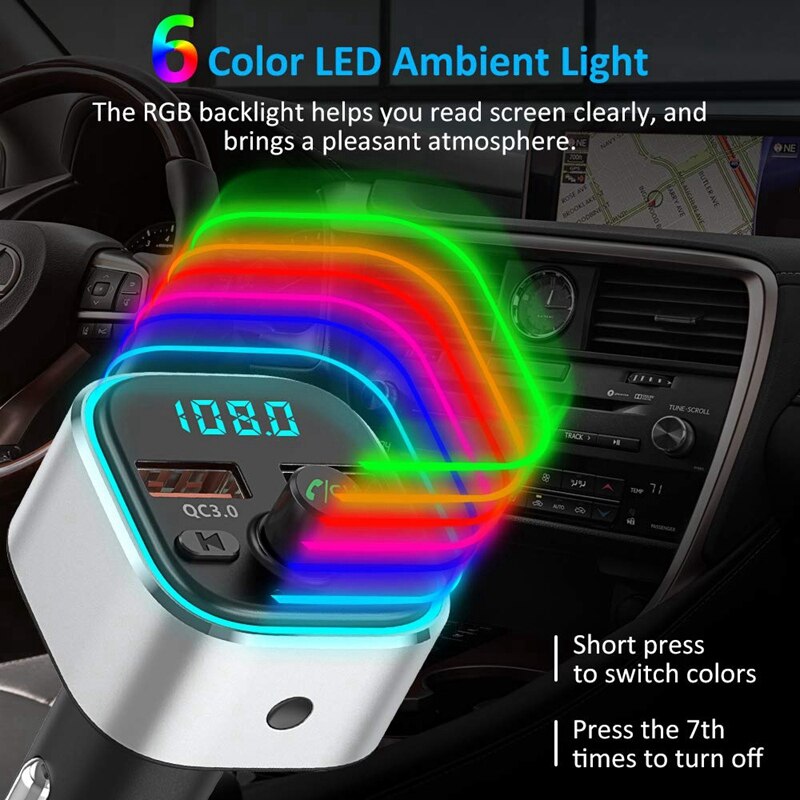 Bluetooth FM Transmitter for Car, 6 Colors LED Backlit Wireless FM ...