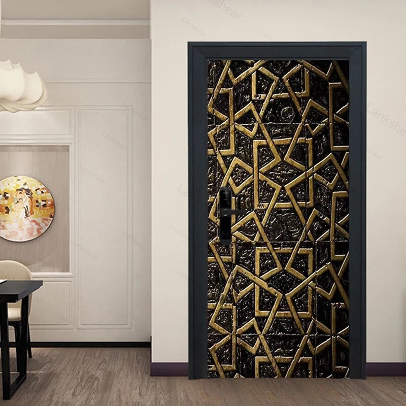 Modern Black Gold Line Geometric Door Sticker 3D S... – Vicedeal