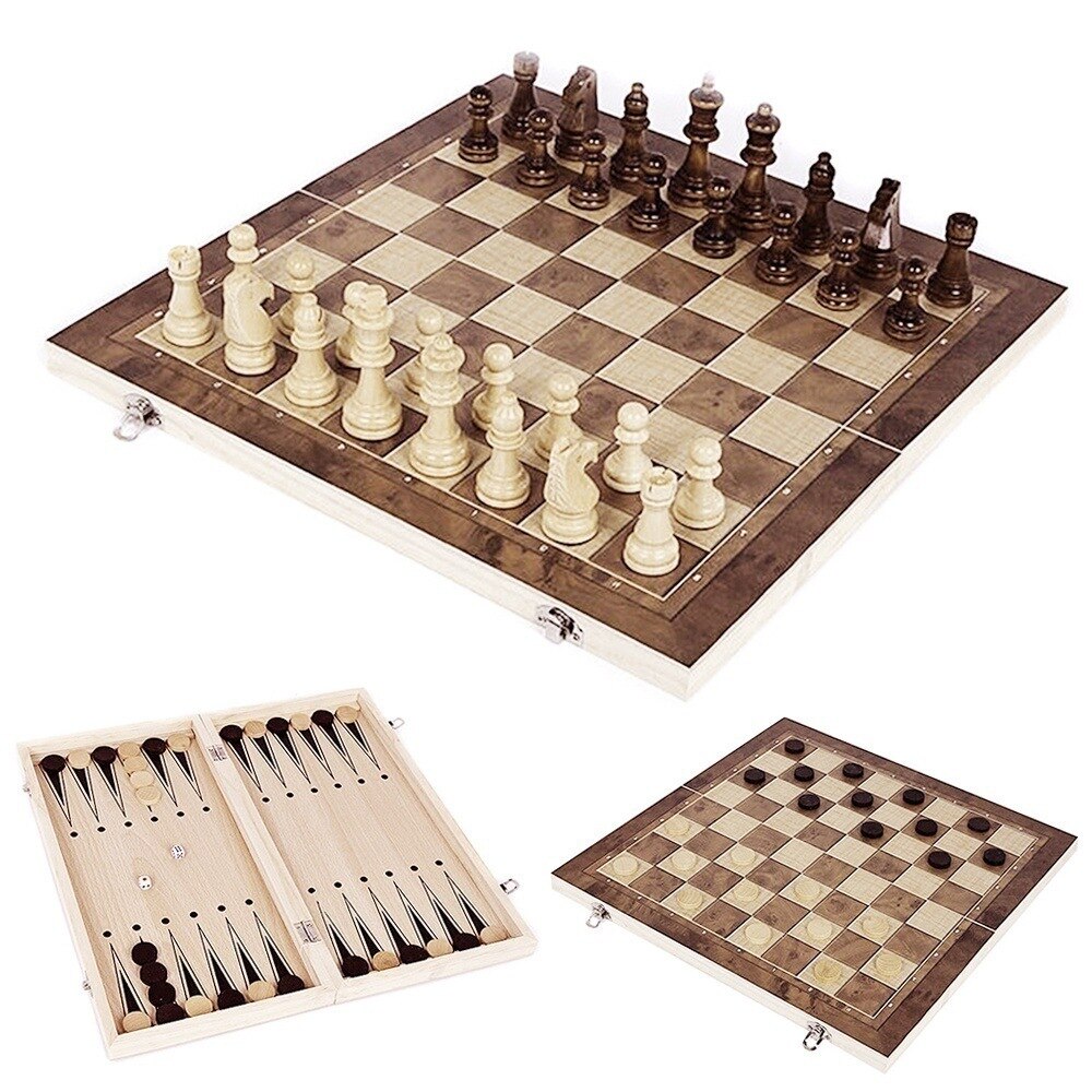3 IN 1 Folding Wooden Chess Set Wood International... – Grandado