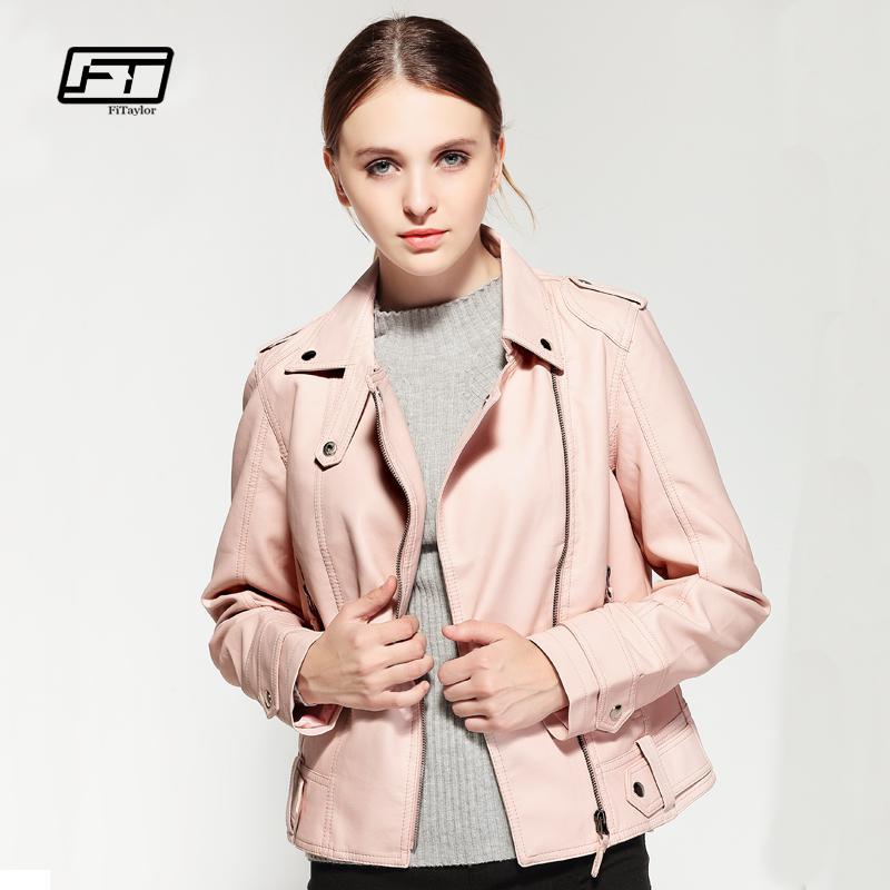 Women Faux Leather Jacket Pink Black Biker Coat Sp... – Grandado