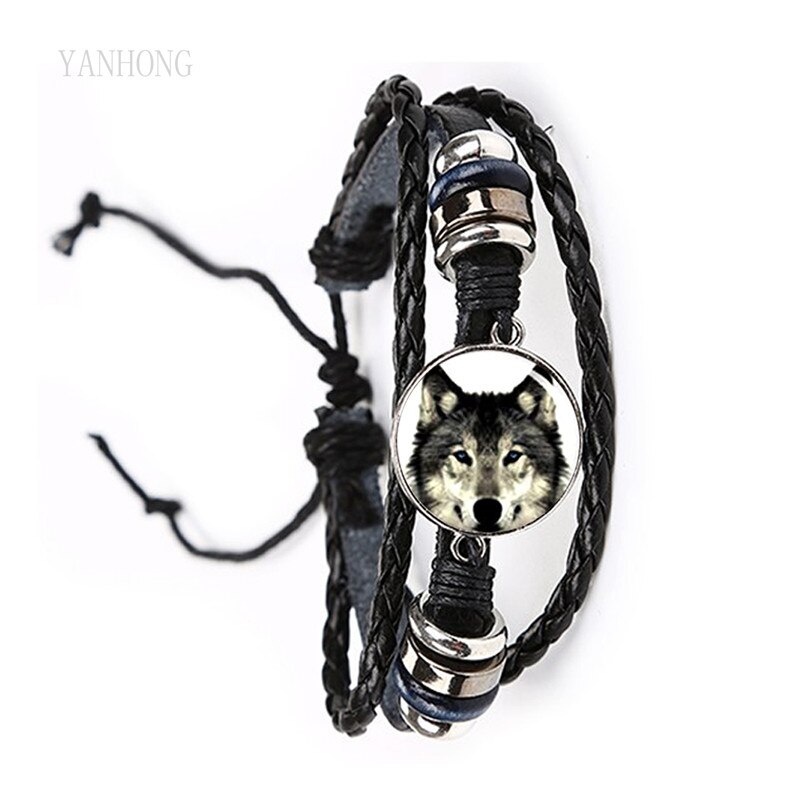 Siberian wolf king leather bracelet glass dome pri... – Vicedeal