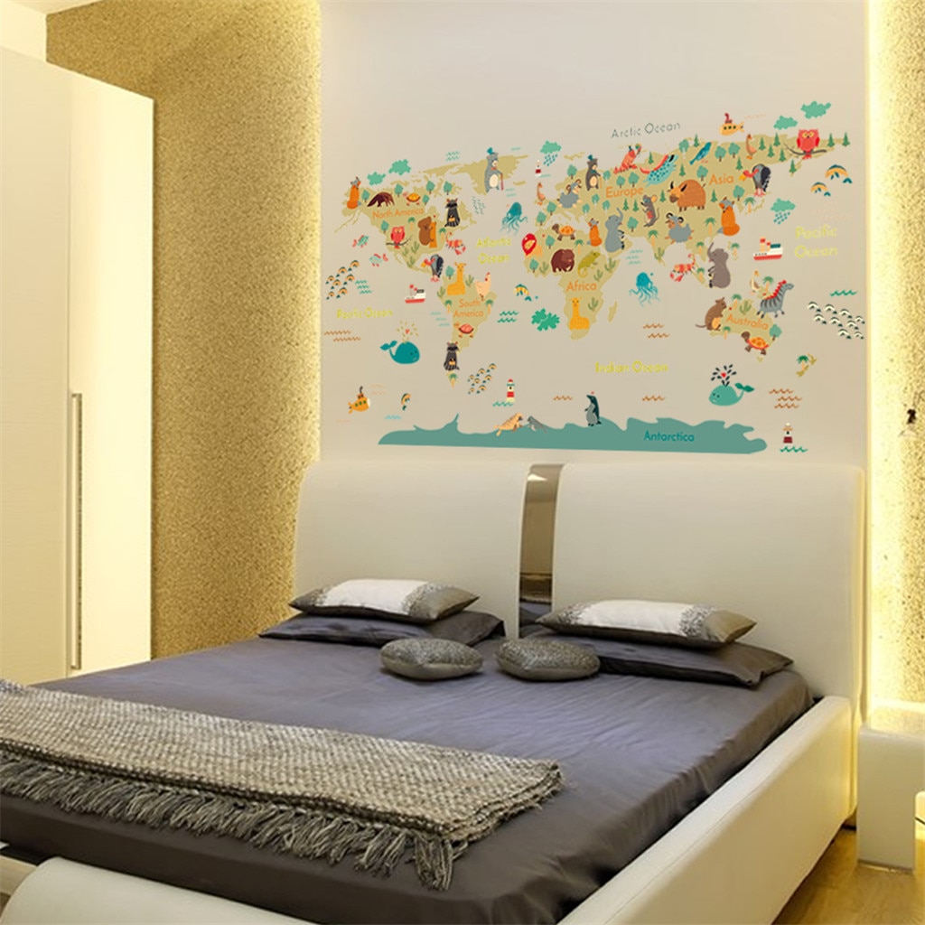 Cartoon animal world map Wall Sticker DIY Wallpape... – Grandado