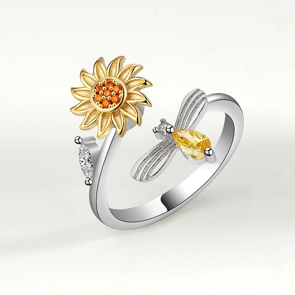 Spinning Sunflower Bee Anxiety Ring For Women Rota... – Grandado