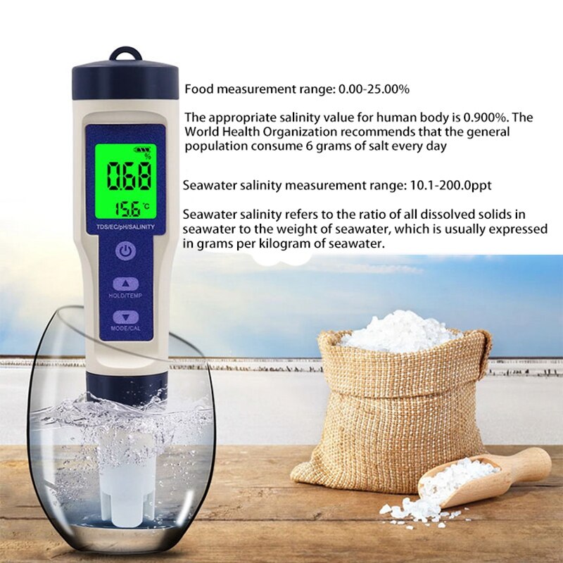 ! 5 In 1 Digital Temperature Meter TDS/EC/PH/Salin... – Grandado