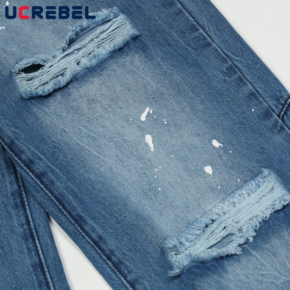 Ripped Splash Ink Print Denim Pants Mens High Stre... – Grandado