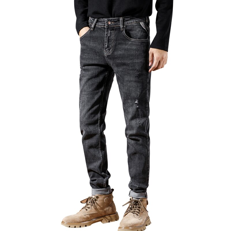 Jeans preto rasgado para homens hip hop estirament... – Grandado