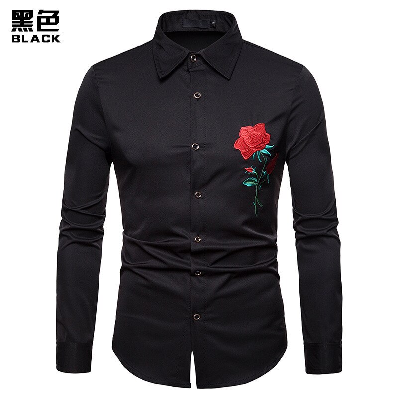 PYJTRL Men's Rose Embroidery Long Sleeve Shirt – Vicedeal