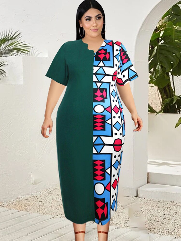Plus Size Patchwork Dresses Women Short Sleeve Geo... – Grandado