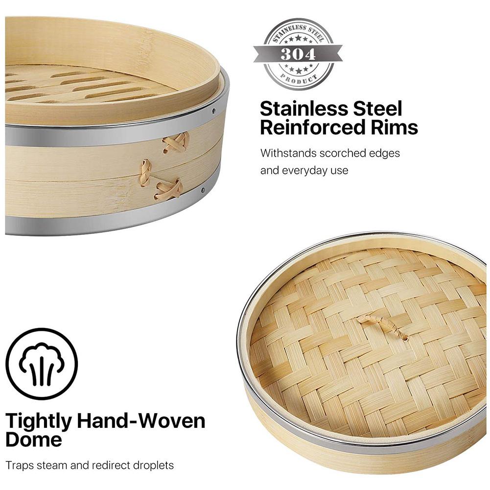 8inch Bamboo Steamer Basket Set With Stainless Ste... – Vicedeal
