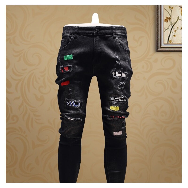 Ripped Skinny Patch Jeans Mannen Streetwear Zwart ... – Grandado