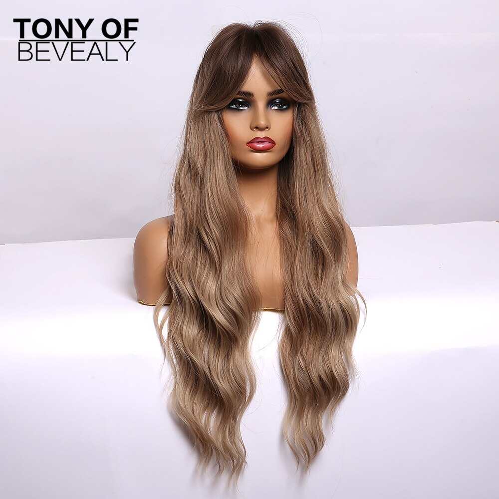 Långa vattenvåg ombre bruna peruker med lugg värme... – Vicedeal