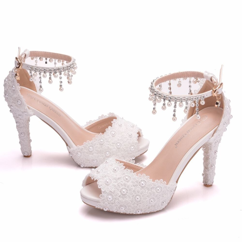 Crystal Queen White Lace Wedding Sandals Peep Toe ... – Grandado
