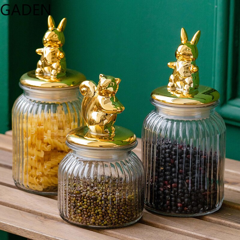 Transparent Glass Storage Jar Golden Ceramic Lid C... – Grandado