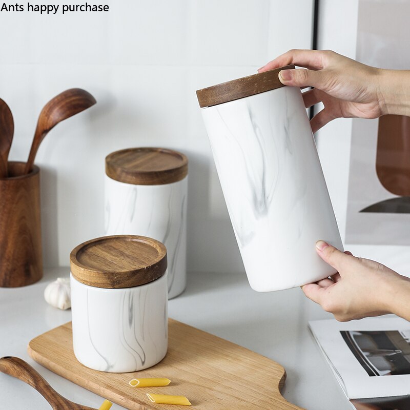 Nordisk marmor forseglet krukke med trælåg hushold... – Grandado