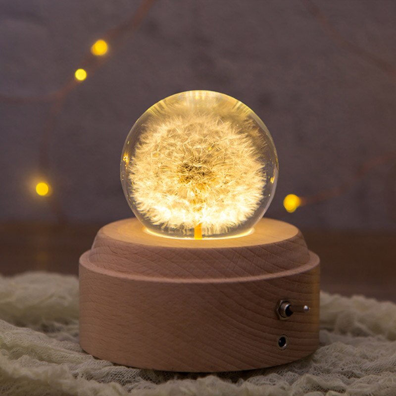 Real Dandelion Crystal Ball Music Box Wooden Base ... – Vicedeal