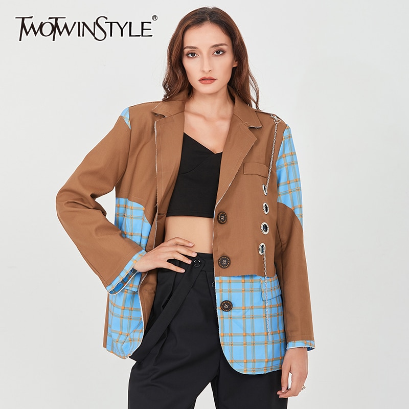 Twotwinstyle Patchwork Plaid Blazers Voor Vrouwen ... – Grandado