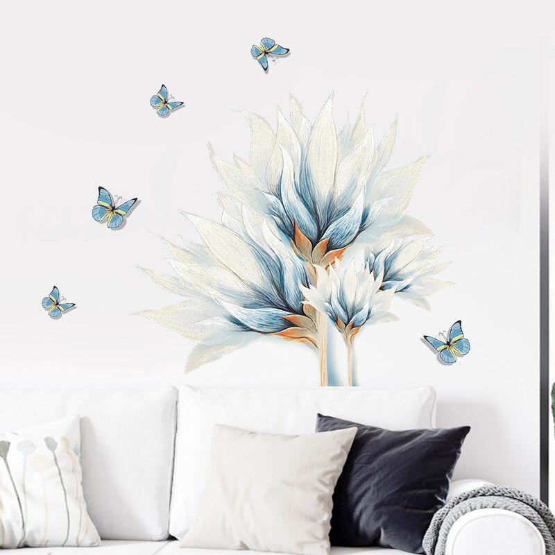 Water Kleur Blauwe Vlinder Bloem Muur Sticker Woon... – Vicedeal
