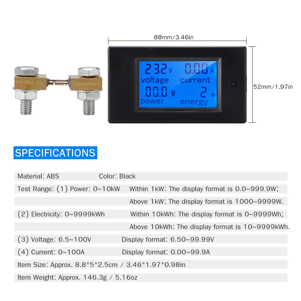 DC 6.5-100V 100A 10KW Power Energy Meter Wattmeter... – Grandado