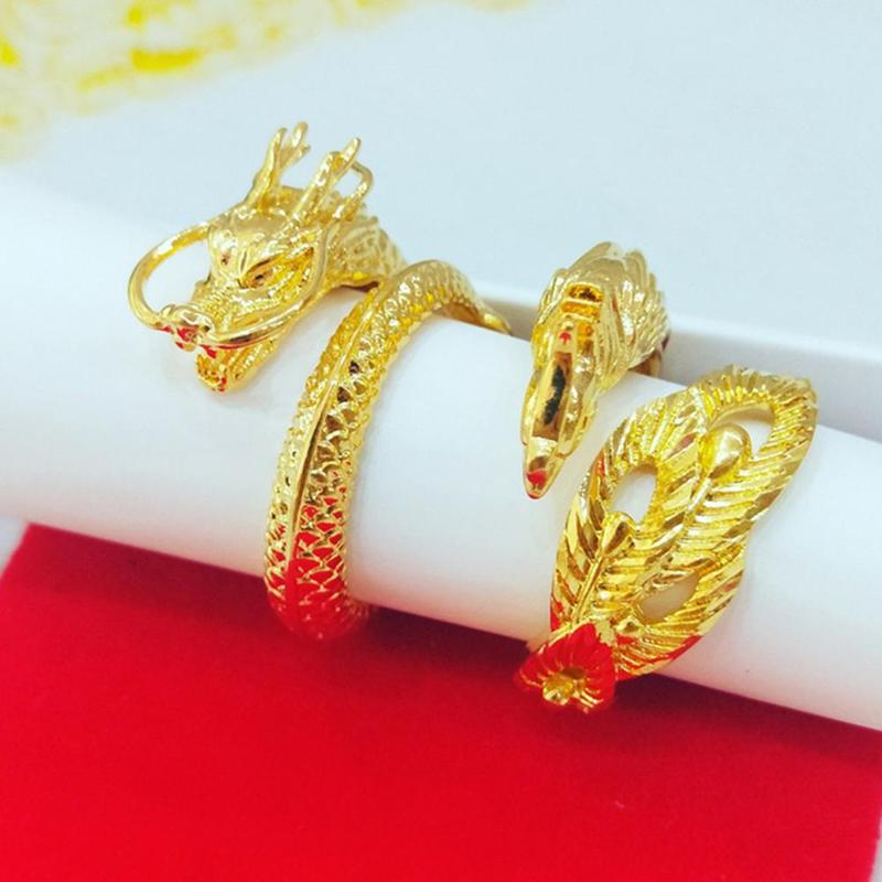 Dragon And Phoenix Couples Ring Sand Gold Open Adj... – Grandado