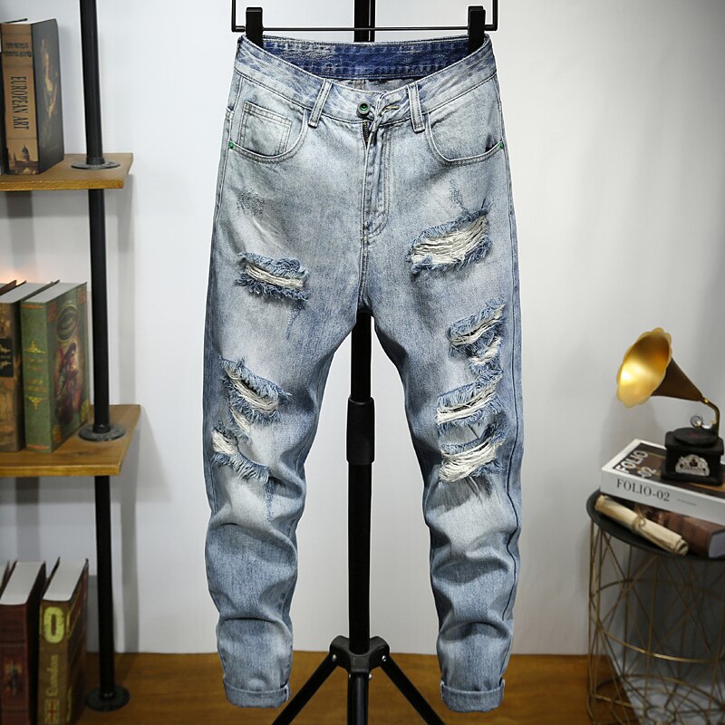 men's light-colored ripped jeans skinny feet rippe... – Vicedeal