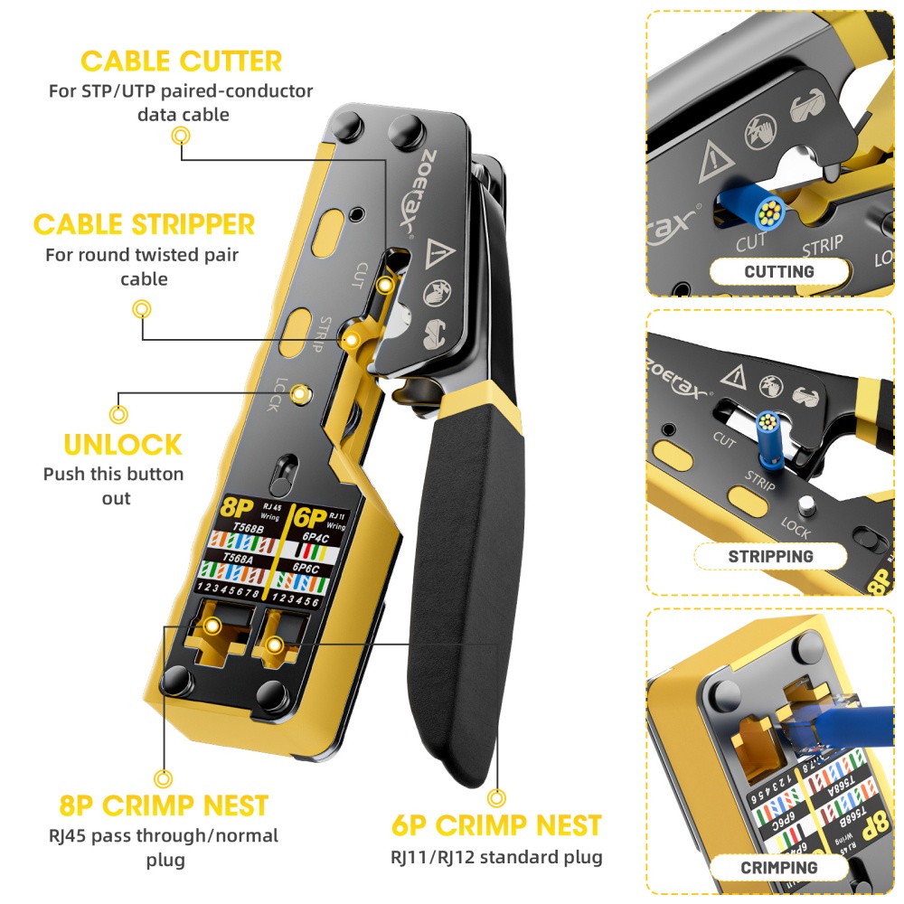 ZoeRax RJ45 Crimp Tool Pass Through Crimper Cutter... – Grandado