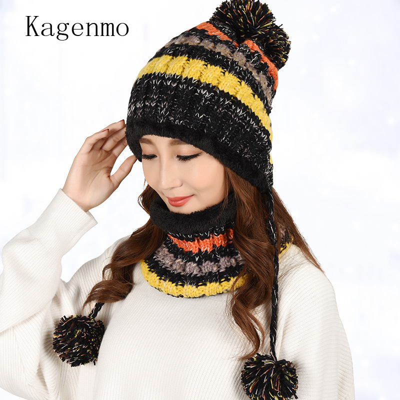 Kangemo Thick Wool Knitting Winter Cap Scarf Women... – Grandado