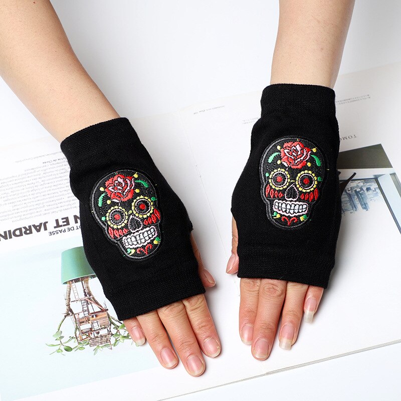 embroidered skull knitting gloves Fingerless Glove... – Grandado
