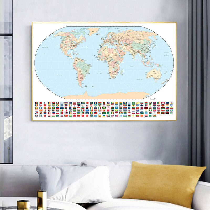 150x100cm Regular World Map with National Flags No... – Grandado