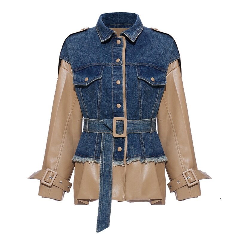 [EAM] Loose Fit Khaki Denim Leather Split Big Size... – Vicedeal