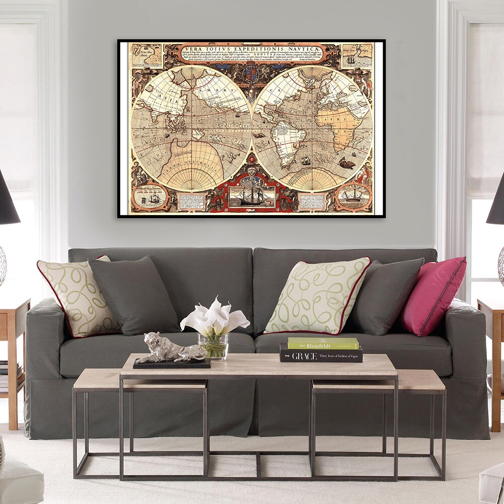 80*60cm The Retro World Map Spray Canvas Painting ... – Grandado
