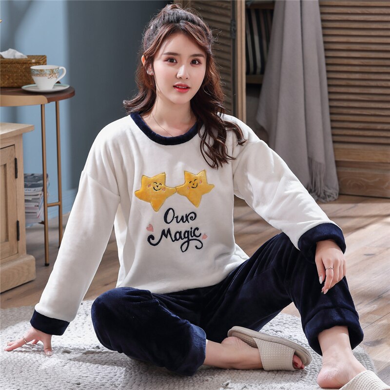 Winter Long Sleeve Women Pajamas Set Warm Star Emb... – Vicedeal