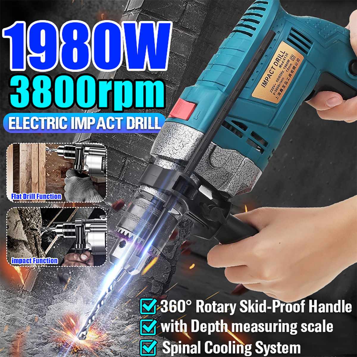 1980W 220V 3800rpm Electric Impact Drill Kit with ... – Vicedeal