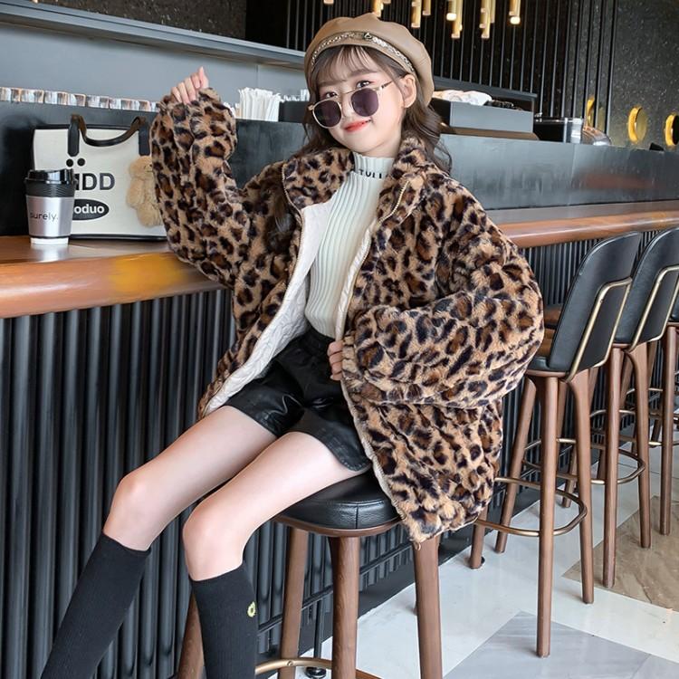 Leopard Print Teen Girls Wool Blends Coat For Kids... – Grandado