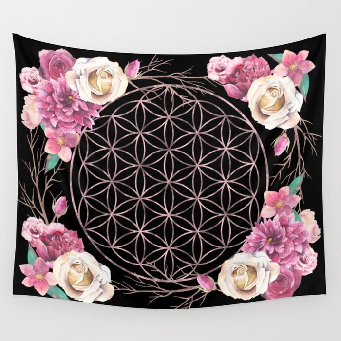 Flower Of Life Rose Gold Garden On Black Wall Tape... – Grandado