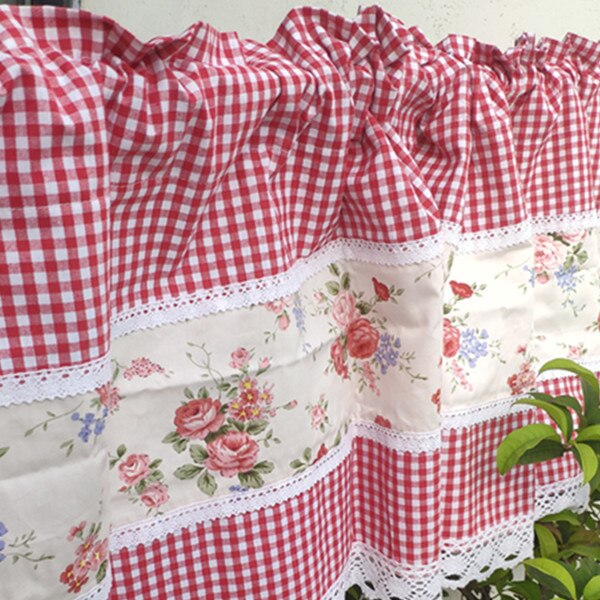 lace curtain.Red checked printed cabinet curtains.... – Grandado