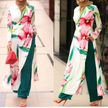 2 Piece Muslim Abaya Set Long Sleeve Print Chiffon... – Vicedeal