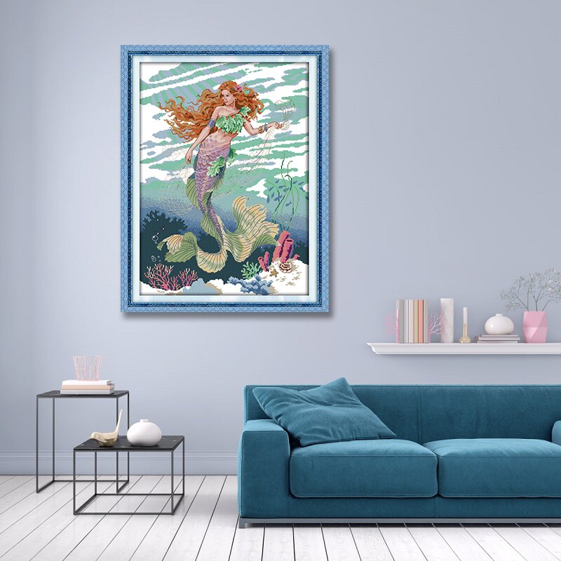 Mermaid Patterns Print On Canvas, DMC 14CT 11CT Cr... – Grandado